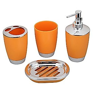 JynXos Bath Countertop Accessory Set, Soap Dispenser Pump, Toothbrush Holder, Tumbler, Wastebasket Trash Can - 4 Pieces (Orange)