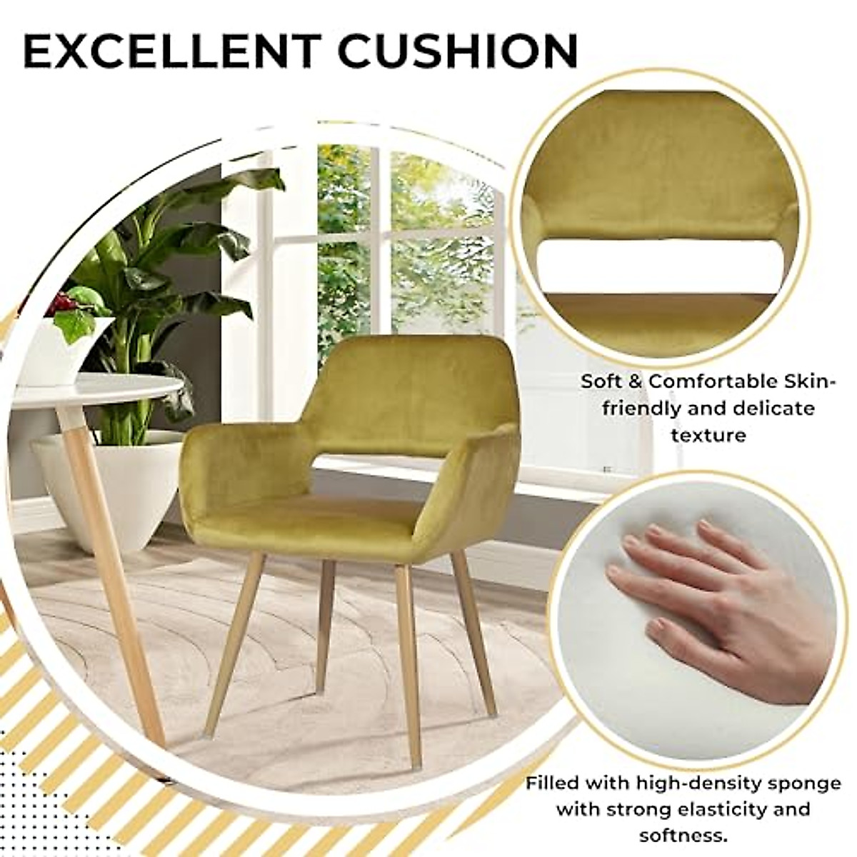 FurnitureR Velvet Dining Chair, Upholstered Fabric Leisure Accent Arm Side Club Guest Chair for Living Room, Set of 1, Yellow