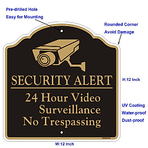 2Pack 24 Hour Video Surveillance Sign No Trespassing Waring Sign Security Alert 12x12 inch Reflective Aluminum Alloy CCTV Security Camera Signs