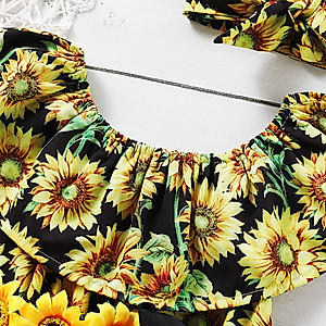Newborn Infant Baby Girl Sunflower Outfit Floral Ruffle Romper Jumpsuit Bodysuit with Headband Clothes Set (0-6 Months, Baby Girl Off Shoulder Jumpsuit Romper)