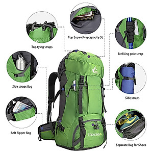 Kerxinma 60L Hiking Backpack Waterproof Travel Hiking Camping with Daypack Cover (Green)