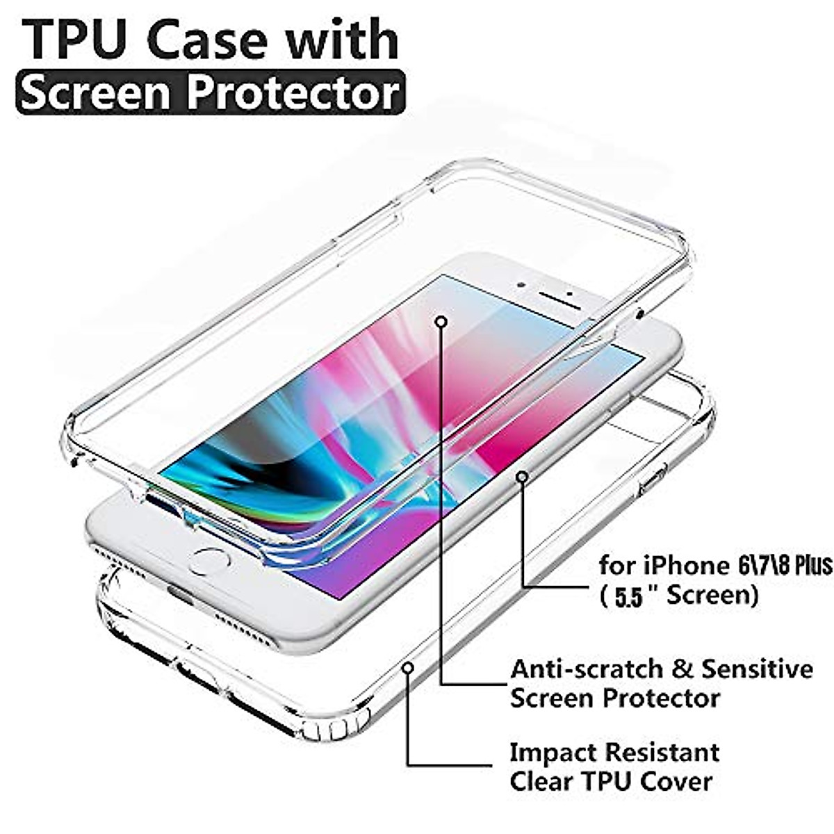 Misscase iPhone 8 Plus Case,iPhone 7 Plus Clear Case,[Tempered Glass Screen Protector] Full Body Protective Shockproof Hard Plastic & Soft TPU Case for iPhone 8/7/6 Plus (5.5 inch) Clear