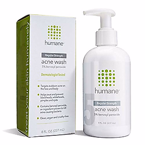 humane Regular-Strength Acne Wash - 5% Benzoyl Peroxide Acne Treatment for Face, Skin, Butt, Back and Body - 8 Fl Oz - Dermatologist-Tested Non-Foaming Cleanser - Vegan, Cruelty-Free