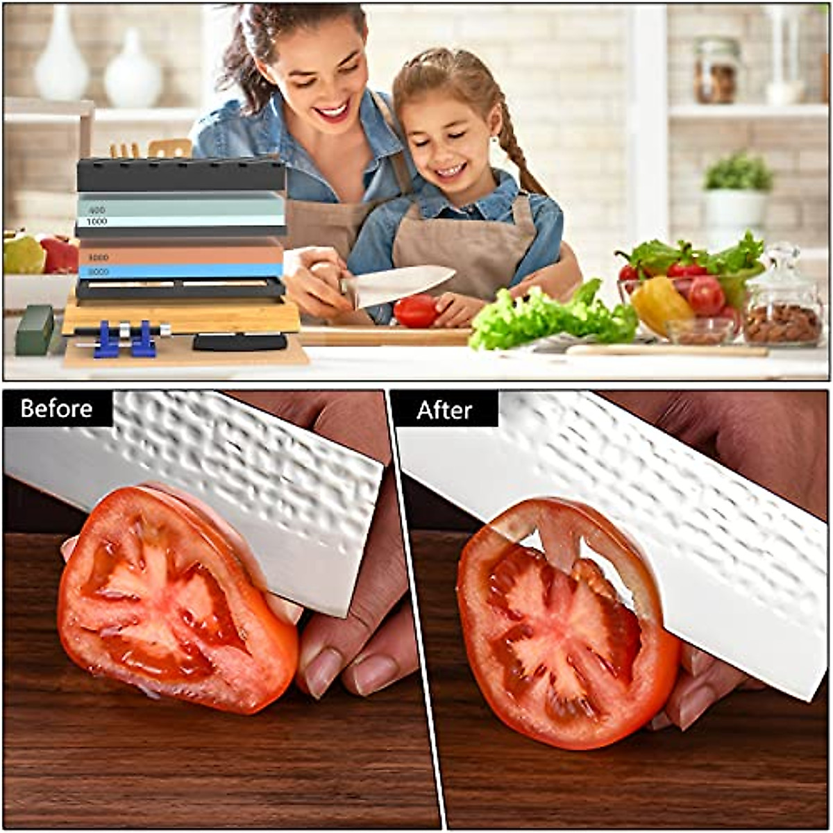Knife Sharpening Stone Set, Premium 4 Side Grit 400/1000 3000/8000 Whetstone Sharpener Kit with Cut Resistant Gloves,Bamboo Base,Flattening Stone,Angle Guide,Honing Guide,Leather Strop,Razor Strop