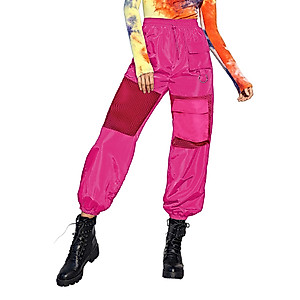 Floerns Women's High Waisted Sporty Drawstring Mesh Paneled Cargo Pants Hot Pink M