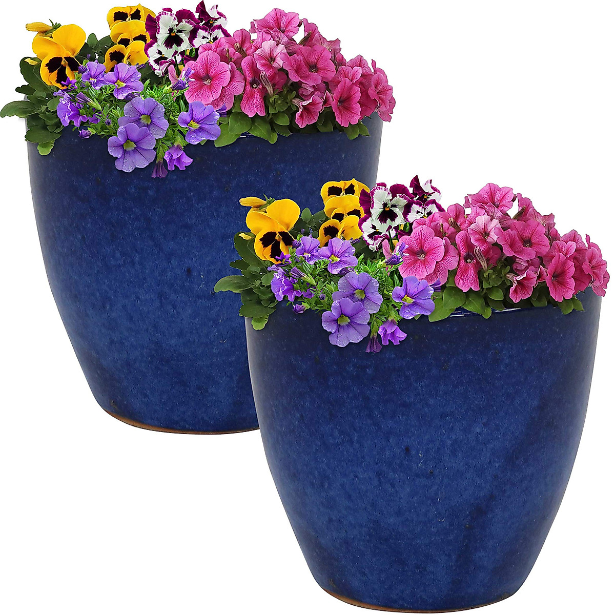 Sunnydaze Round Ceramic Planter - Set of 2 Indoor or Outdoor Plant Pots with Drainage Hole - 8" - Imperial Blue Glaze - Resort