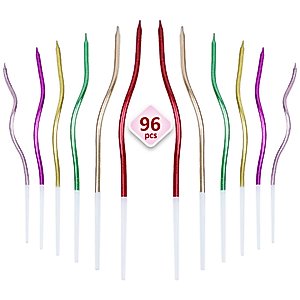 96PCS Metallic Colorful Twisted Birthday Candles - Spiral Long Thin Curly Coil Cake Candles with Holders for Birthday Wedding Party