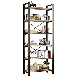 IRONCK Bookshelf 6-Tier Ladder Shelf 110lbs/shelf Vintage Industrial Style Bookcase for Home Decor, Office Decor