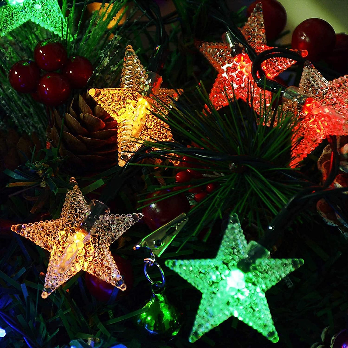 Windpnn 30ft Solar Powered Star String Lights, 50LED 8 Modes Solar Fairy Lights Outdoor Waterprooof for Christmas, Party, Wedding, Home, Garden, Patio Decoration (Cool White)