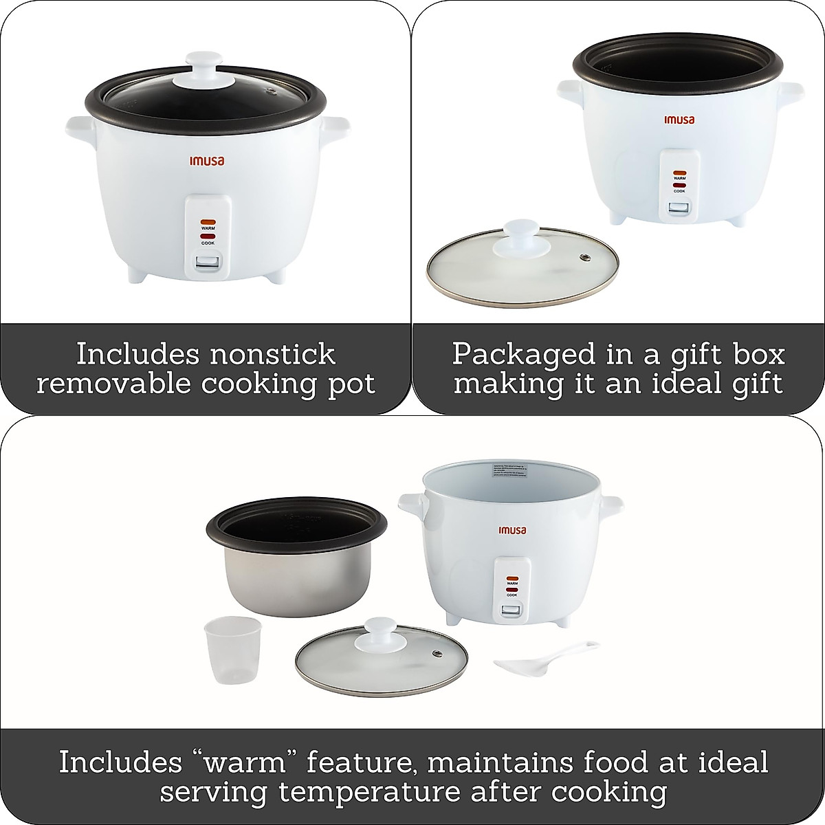 IMUSA USA GAU-00011 Electric Nonstick Rice Cooker 3-Cup (Uncooked) 6-Cup (Cooked), White