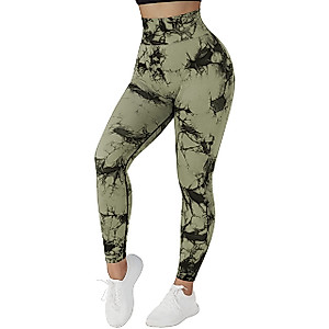 RXRXCOCO Women Scrunch Butt Lifting Leggings Seamless High Waisted Leggings Tummy Control Yoga Pants Compression Workout Tights Medium Tie Dye Green