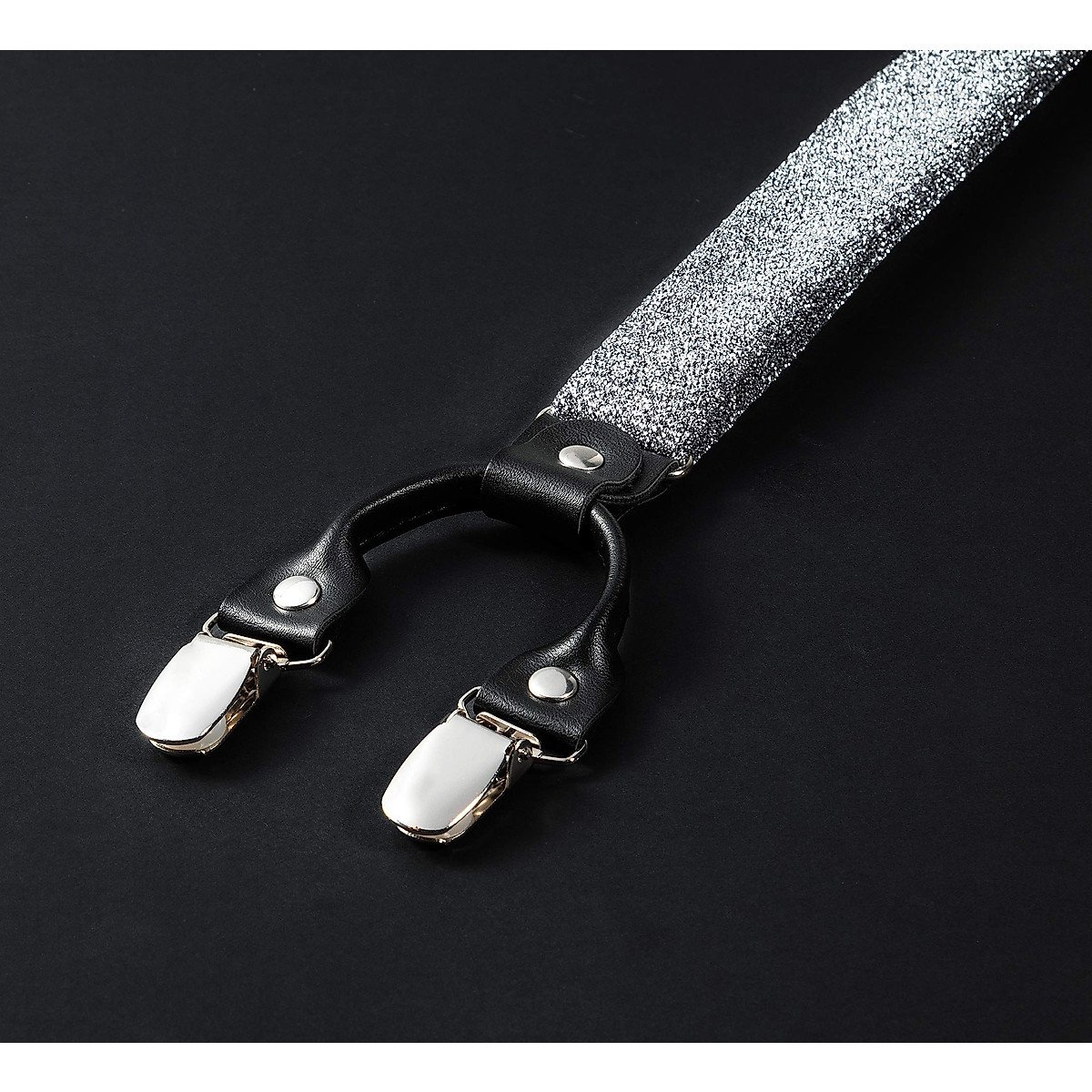 TIE G Men's Glitter Velvet Suspender + Bow Tie Set for Wedding, Party : Glittering Effects, Adjustable Braces, Strong 6 Clips (Twinkle Silver)