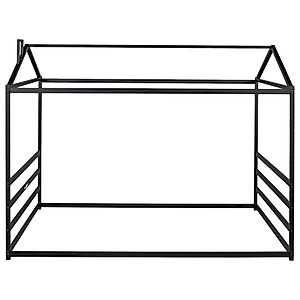Queen Size House Bed, Metal Montessori Floor Beds for Kids, Steel Cabin/Tent/Canopy Bed Frame for Girls Boys Teens Adults, Black