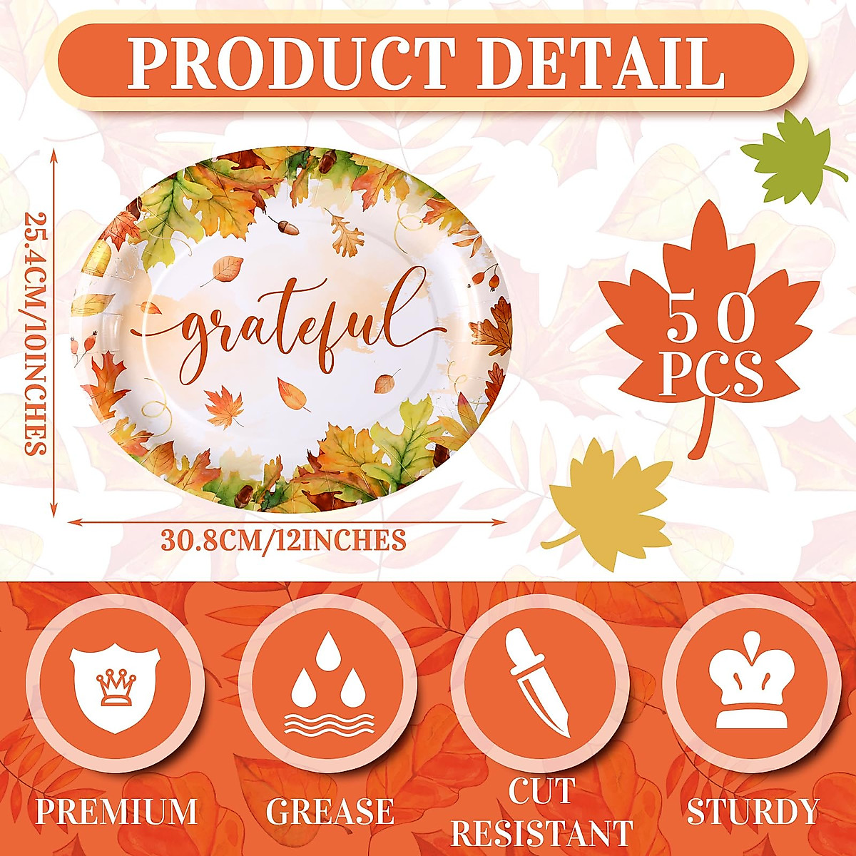 Tioncy 50 Pcs Thanksgiving Plates Thanksgiving Dinnerware 10'' x 12'' Fall Leaves Oval Plates Disposable Dinner Plates Bulk Fall Decoration Gift Disposable Paper Plates Set for Autumn Birthday Party