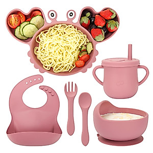 Puxdiauk Silicone Baby Feeding Set, 6 Pcs Baby Led Weaning Supplies with Rabbit Suction Plates, Toddler Bowls Forks and Spoons Bib Cup, Sturdy and NO-BPA for Kid, Blue