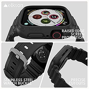 elkson Designed for Apple Watch Series 9/8/7/6/SE/5/4 [45/44mm], Quattro Pro Series Rugged Military Grade Protective Bumper Case with Strap Bands for iWatch, Stealth Black