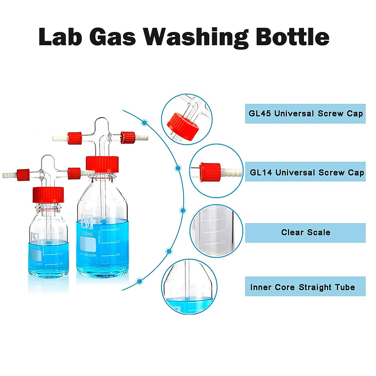 ALWSCI Lab 250 ml Gas Washing Bottle Graduated Lab Buffer Bottle Screw-Cap System with Drechsel-Head with Filter Disc Adjustable Immersion for Chemistry Lab Glassware Kit