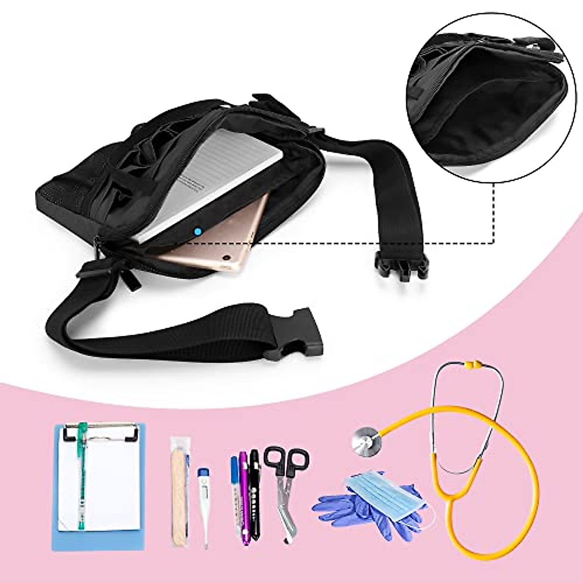 Damero Nurse Fanny Pack with Medical Gear Pockets, Nurse Waist Pouch Nurse Tool Belt with Tape Holder for Stethoscopes, Bandage Scissors and Other Medical Supplies, Black