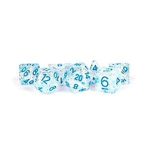 16mm Resin Flash Dice Poly Dice Set: Clear with Light Blue Numbers