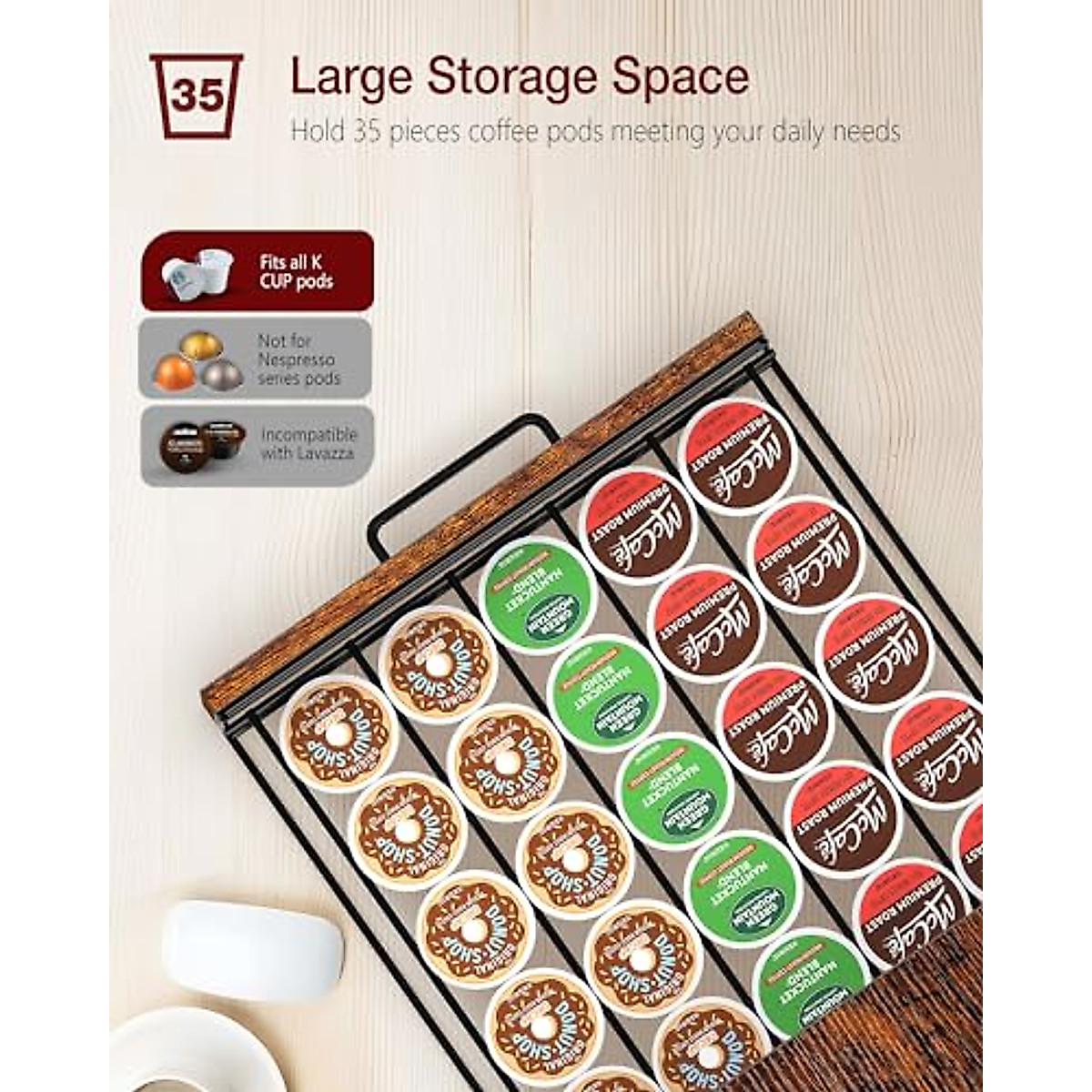Evermagin K Cup Holder Drawer - Coffee Pod Organizer for Counter, Sturdy K-Cup Storage Drawer with Mug Rack, Coffee Maker Stand, 35 Pods Capacity, Rustic Brown