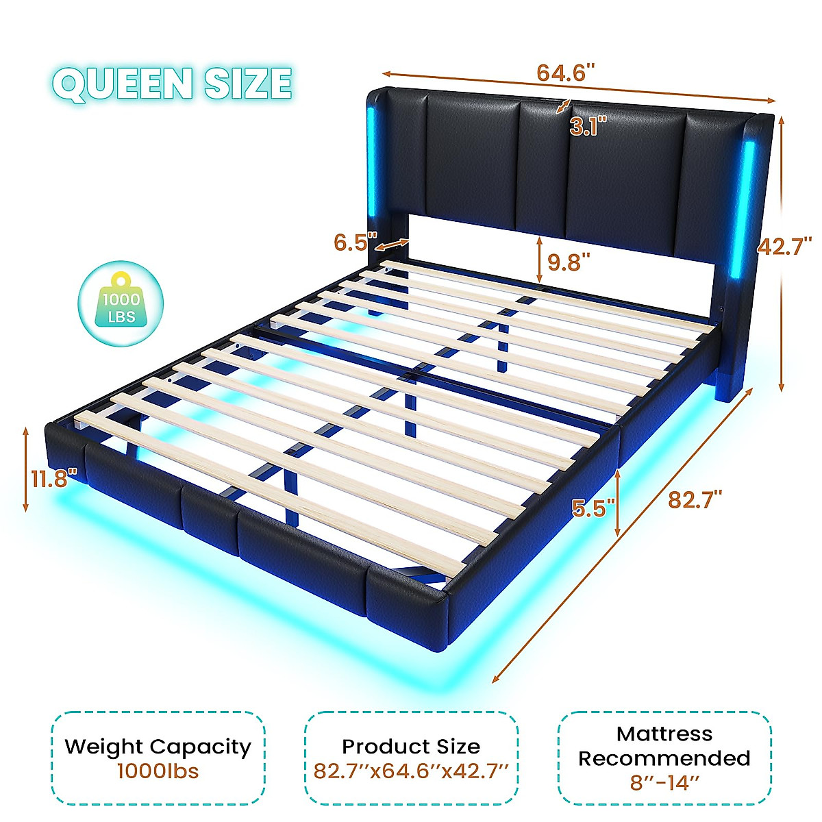 MSmask Queen Platform Bed Frame, Floating Bed with LED Lights, Faux Leather Upholstered Headboard, 2 USB Ports, Under-Bed Storage, No Box Spring Needed, Black