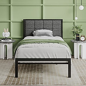 SHA CERLIN Twin Size Bed Frame with Upholstered Headboard, Platform Bed Frame with Metal Slats, Button Tufted Square Stitched Headboard, Noise Free, No Box Spring Needed, Easy Assembly, Dark Grey