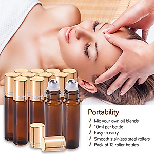 PrettyCare Essential Oil Roller Bottles (10ml Amber Glass, 12 Pack) With 2 Extra Roller Balls, 24 Labels, Opener, 2 Funnels