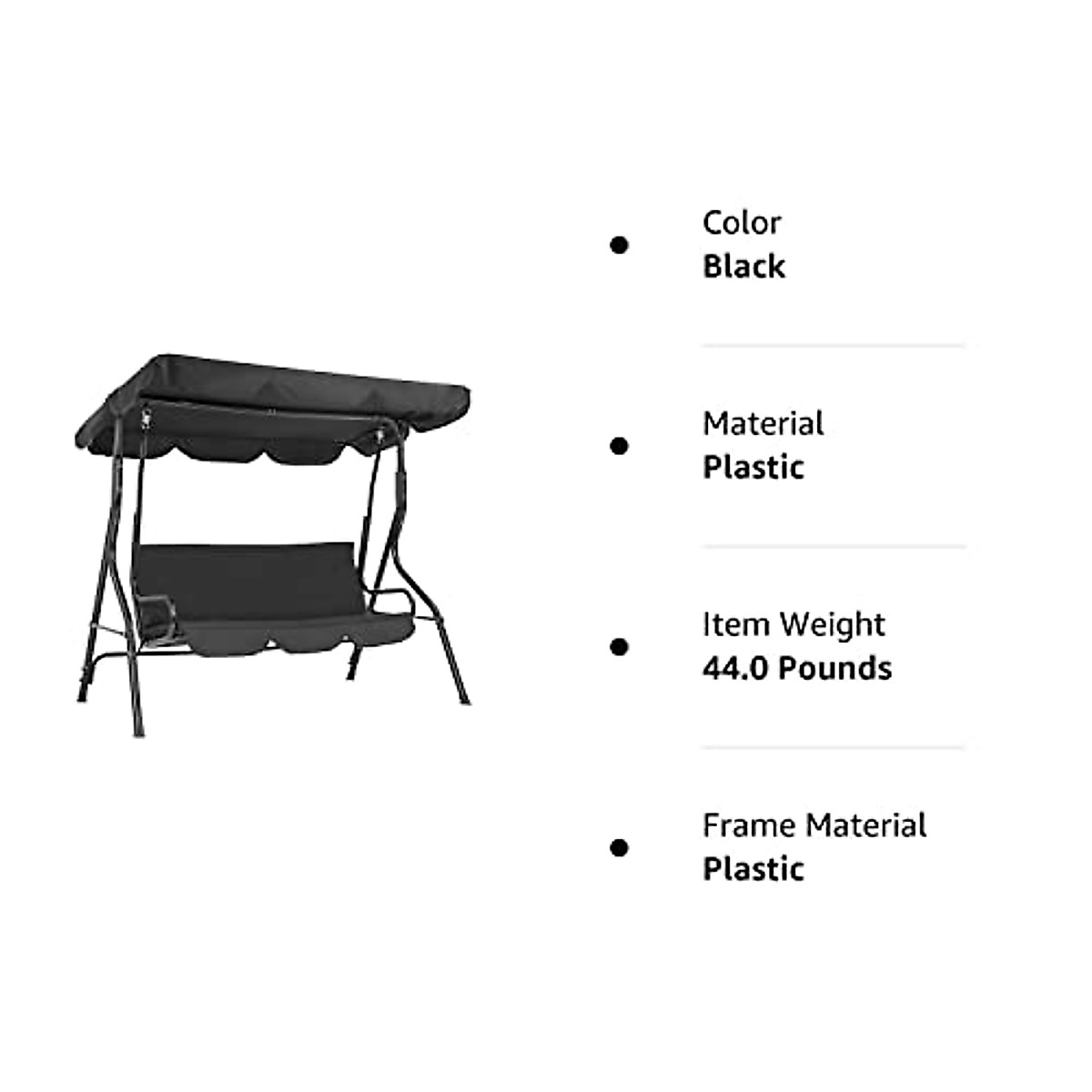 Patio Swing with Canopy Backyard Swing Outdoor Swing Chair with Adjustable Tilt Canopy Removable Cushions Stable Frame Comfortable Armrests for Patio Outdoor Backyard Garden Black