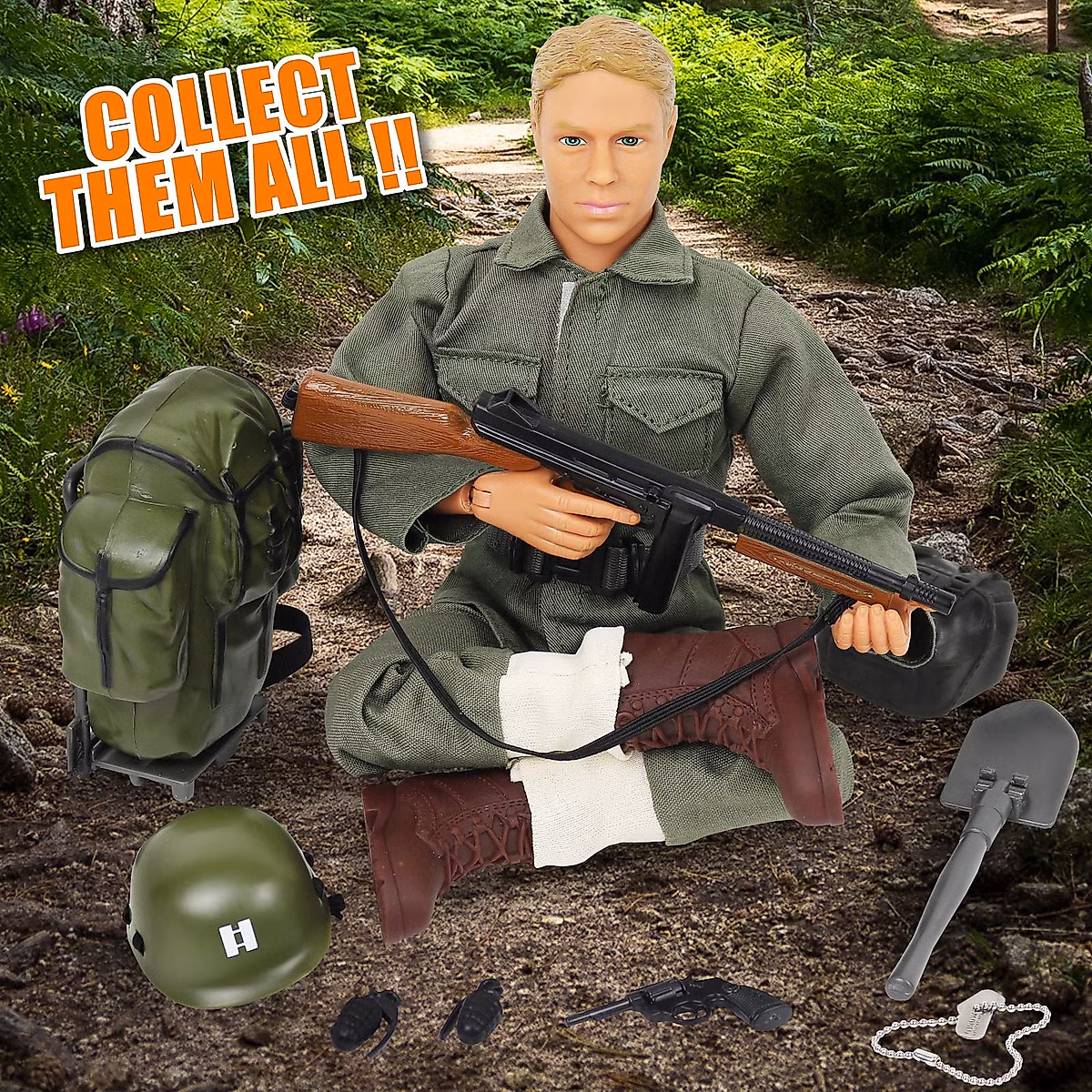 Click N' Play WWII Allies Army Infantry 12” Action Figure Plat Set with Accessories - Click N Play Military WW2 Toys