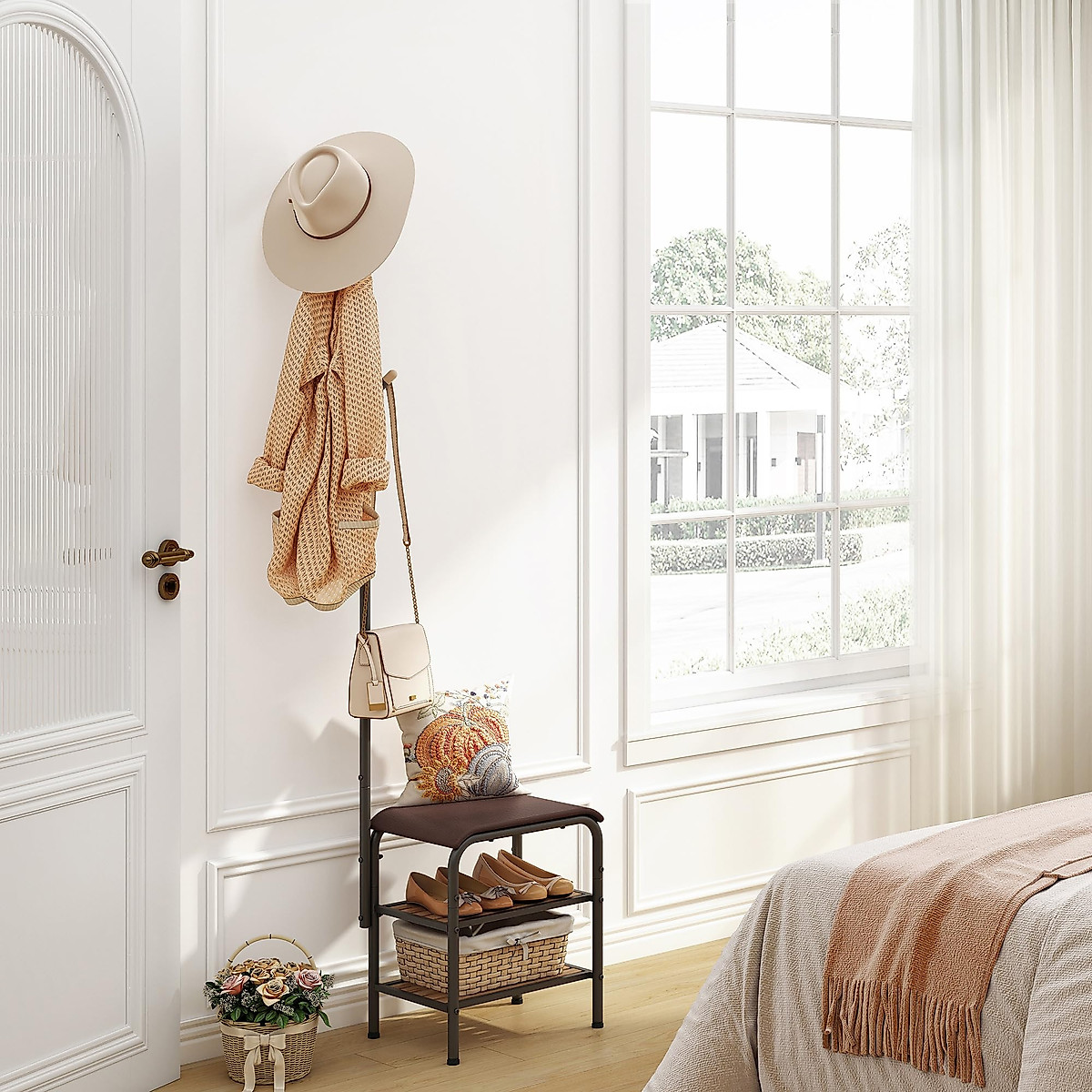 Gewudraw Coat Rack Stand Shoe Bench - 3 in 1 Coat Hall Tree with Shoe Storage With Benches Small Metal Shoes Shelf for Entryway Living Room Bedroom Hallway Mudroom