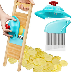 Lanties 3 Pcs Waffle Potato Lattice Cutter Crinkle Maker with Protective Cover Food Safety Holder French Fry Cutter Slicer Stainless Steel Wavy Chopper for Kitchen Food Vegetable French Fries Home