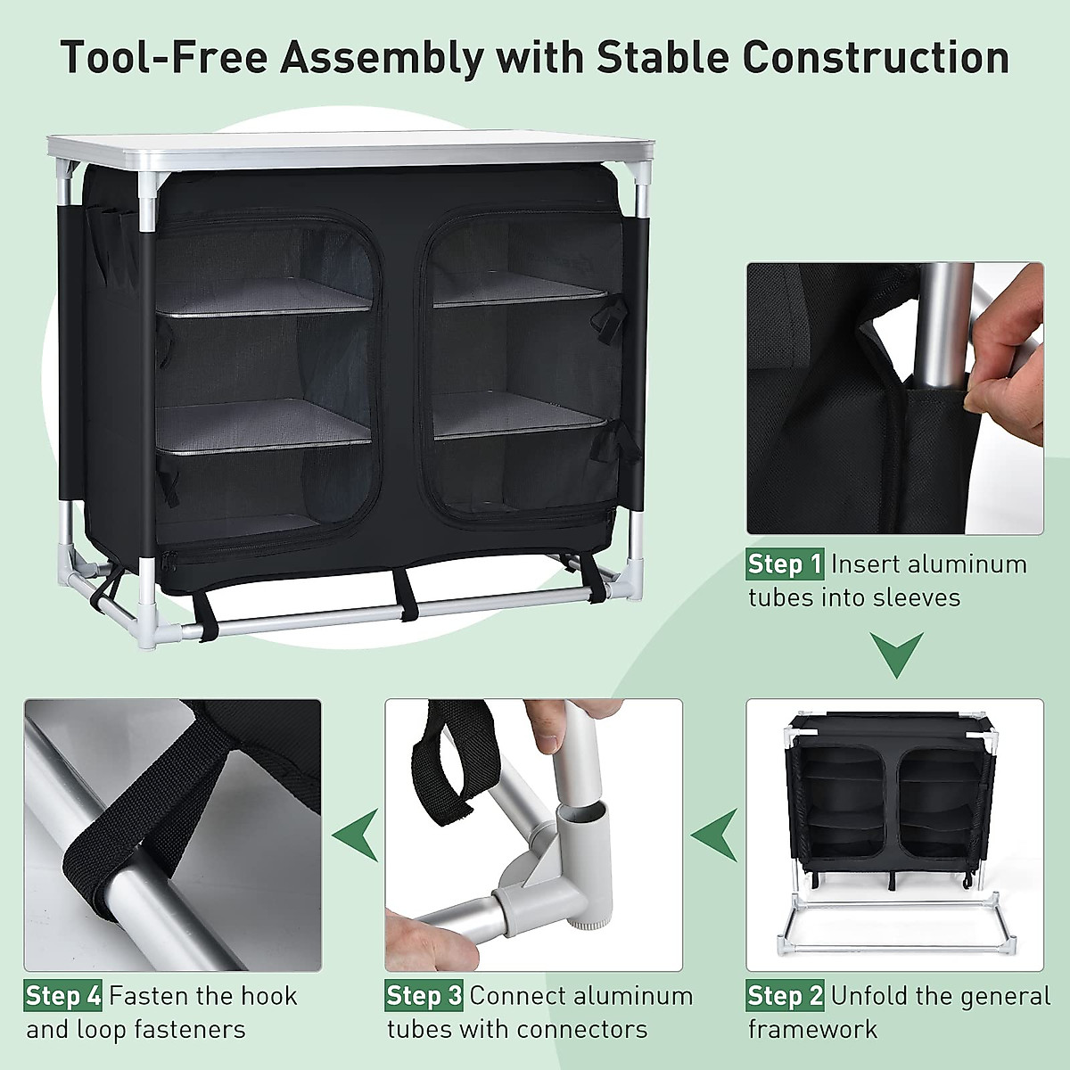 Goplus Camping Table with Storage, Aluminum Portable Camp Kitchen Cabinet Table with Carrying Bag, Lightweight Outdoor Cooking Table for Picnic Tailgating Beach BBQ Party RV (Black)