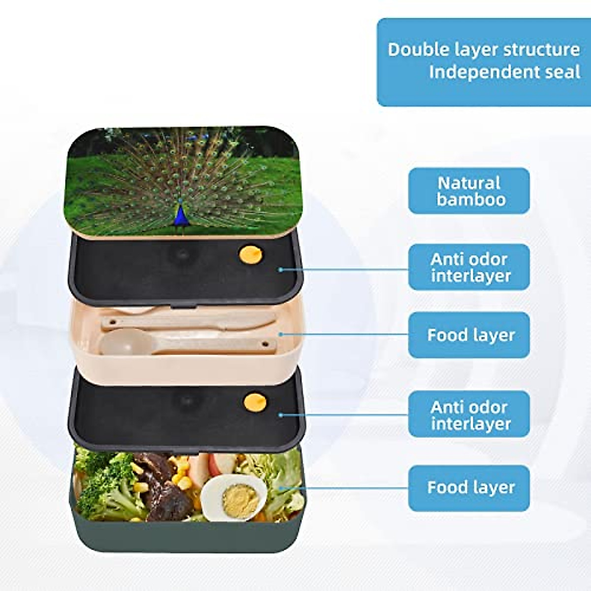 KOOLR Peacocks Print Bento Box Adult Lunch Box With 2 Compartments Stackable For Work Picnic Leak Proof Bento Box