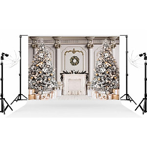 Kate 10×6.5ft (3×2m) Christmas Tree Photo Backdrop Xmas Palace Classic Indoor White Fireplace Gifts Decoration Photography Background for Christmas New Year Photographer Studio Props