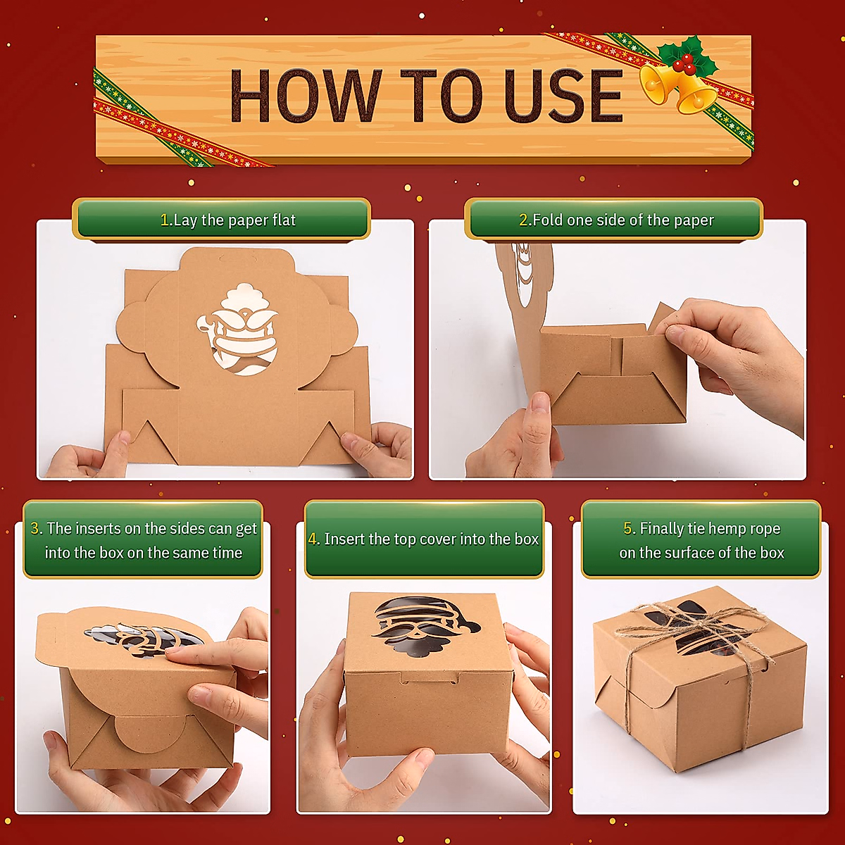 Tenare 30 Pieces Christmas Cookie Boxes with Clear Window Cupcake Boxes Bakery Boxes Pastry Packaging Boxes Brown Kraft Present Box with Rope for Food Present Giving, 4 x 4 x 2.5 Inches (Classic)