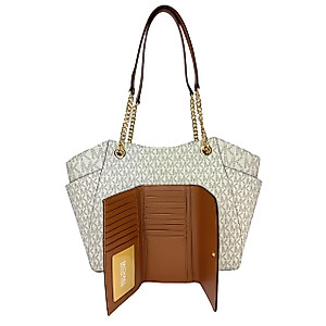 Michael Kors Jet Set Travel Large Chain Shoulder Tote bundled with Trifold Wallet (Vanilla)