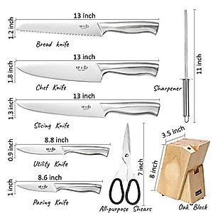 SIXILANG Knife Set, 8 Piece German Stainless Steel Hollow Handle Manual Knife Sharpener Forged Kitchen Knives Set with Oak Wooden Block Gift