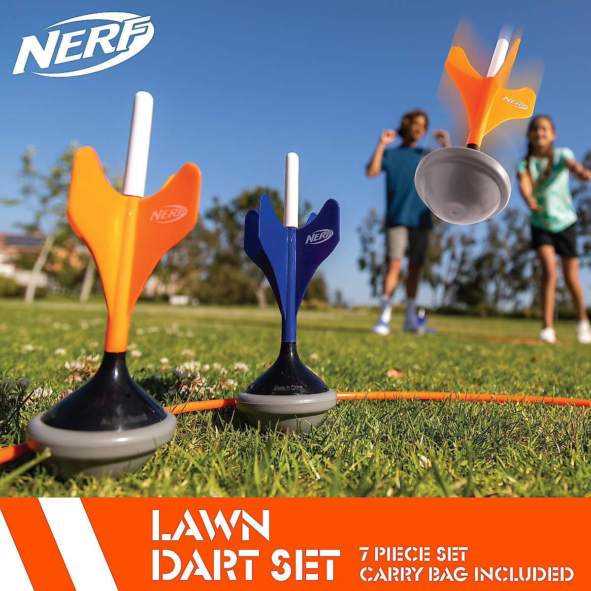 Nerf Soft Tip Lawn Dart Set, Outdoor Backyard Game for Kids & Adults, Includes 4 Lawn Darts, 2 Target Rings, Storage Bag, Fun & Safe Summer Activity for Beach, Yard, Camping, Pool