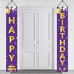 Purple Gold Happy Birthday Door Banner Decorations, Happy Birthday Porch Sign Party Supplies for Girls Women, 16th 21st 30th 40th 50th 60th Birthday for Indoor Outdoor