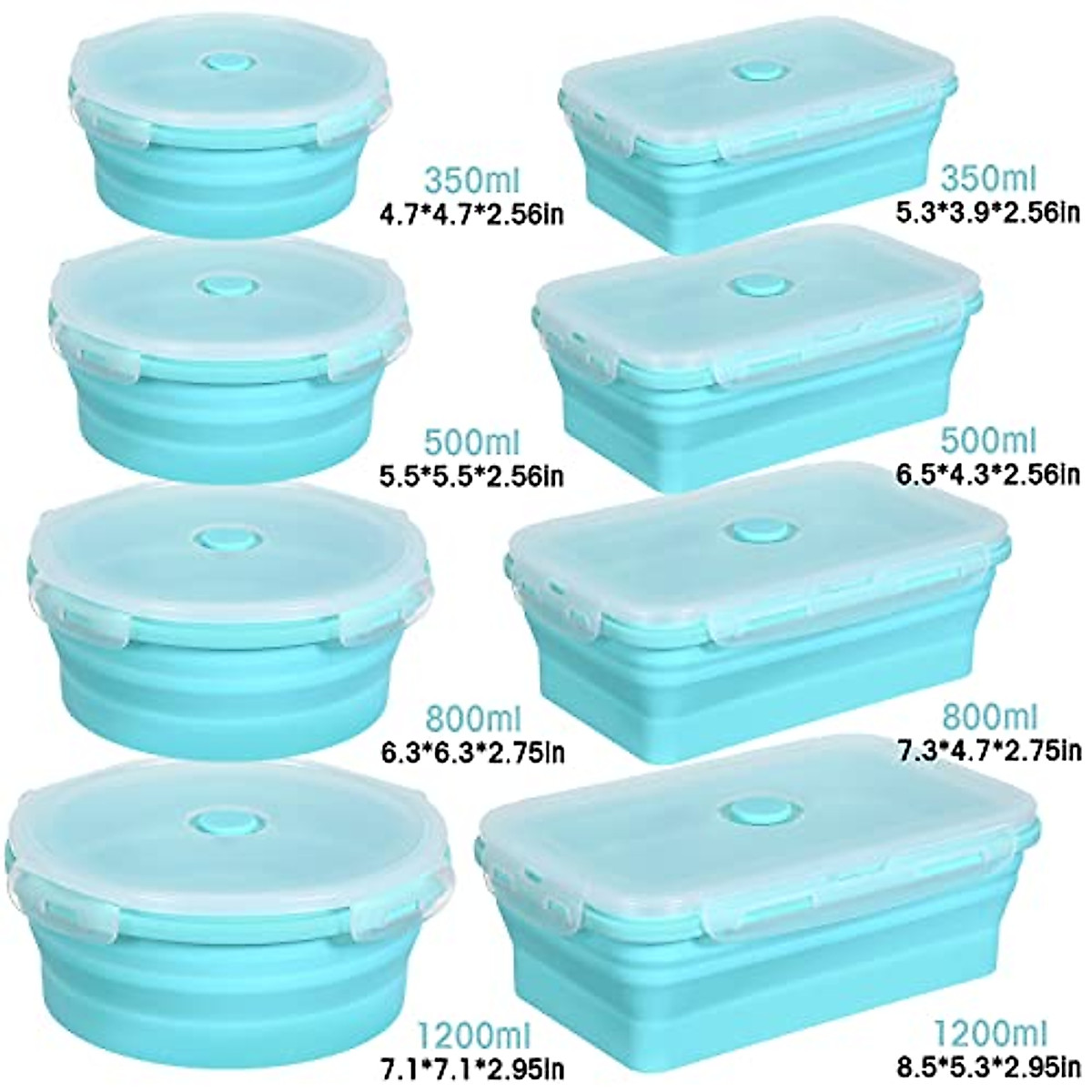 Karenhi 8 Pack Collapsible Silicone Food Storage Containers with Airtight Lids Stackable Collapsible Bowls with Lids Microwave and Dishwasher Safe(Blue)