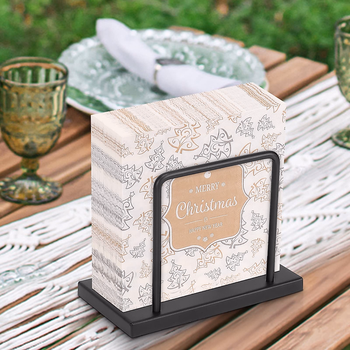 Livabber Napkin Holder, Metal Napkin Holder Modern Freestanding Tissue Paper Dispenser for Table Kitchen Countertop (Metal Base, Black)