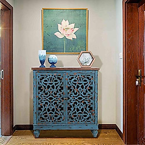 Sophia & William Accent Cabinet with Doors, Distressed Display Storage Cabinet with Wooden Frame and Hollow-Carved Floral Patterns for Entryway Living Room, Blue