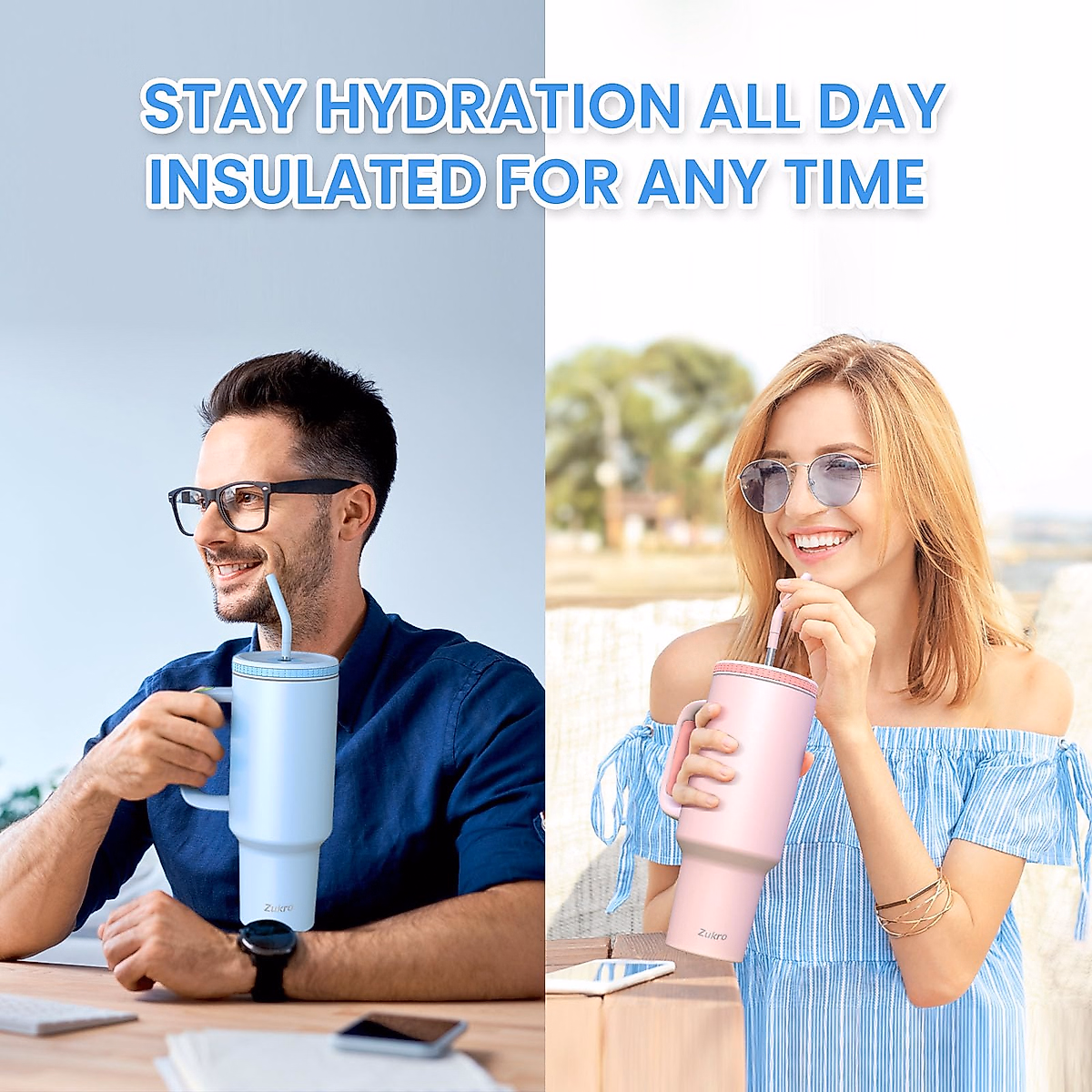 Zukro 40 oz Triple Insulated Tumbler with Handle and Straw Lid - Stainless Steel Cup Travel Mug Fits in Cupholder - No Sweat Water Bottle Keeps Drinks Cold 30 Hours - Dishwasher Safe -Fog