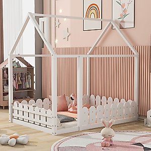 Merax Full Size House Bed Frames Platform Bed with Fence for Boys or Girls, Box Spring Needed(Slats Kit Not Included), White