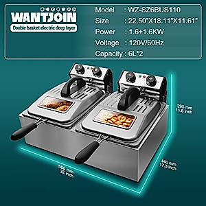 WantJoin Commercial Deep Fryer with Visible Window Deep fryer 2500W 12L （6L* 2)2 * 5.7QT Stainless Steel French Fry Double Deep Fast Fryer with 2 Baskets,Commercial Restaurant,Fast Food Restaurant
