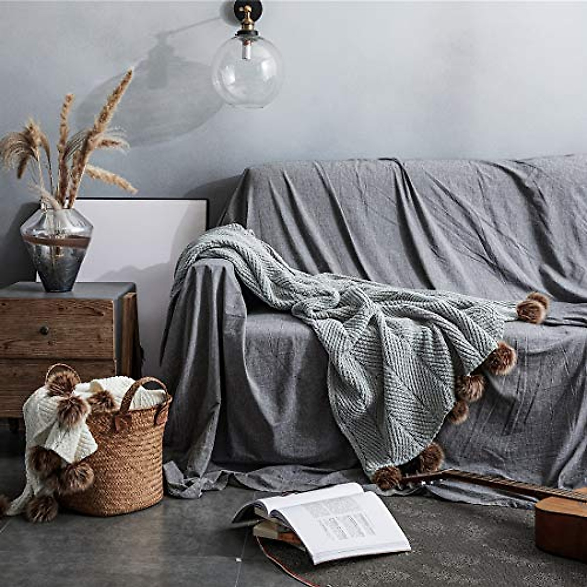 vctops Fur Pom Pom Knit Throw Blanket Super Soft Warm Cozy Cable Knitted Blanket for Sofa and Couch 51 x 63 Inch Light Grey