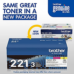 Brother Genuine Standard-Yield Toner Cartridge Three Pack TN221 3PK -Includes one Cartridge Each of Cyan, Magenta & Yellow Toner, Standard Yield (TN2213PK), Cyan, Magenta, Yellow