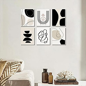 Abstract Boho Wall Art Prints Set of 6, Minimalist Geometric Boho Wall Art Black Brown Beige Line Art Canvas Painting Pictures, Mid-Century Modern Prints Gallery Wall Posters for Bedroom Living Room Bathroom Boho Room Decor(8" X 10", Unframed)