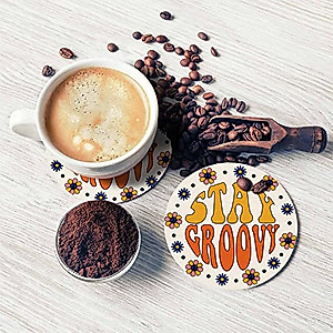 Pznen Stay Groovy Coasters for Drinks Office Coffee Table Seventies Retro Hippie Flowers Wreath in Circle Daisies Floral Living Room Decor Set of 2 for Cold Drinks Wine Mugs and Cups 4 Inch