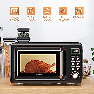 COSTWAY Retro Countertop Microwave Oven, 0.7Cu.ft, 700-Watt, High Energy Efficiency, 5 Micro Power, Delayed Start Function, with Glass Turntable & Viewing Window, LED Display, Child Lock (Gold)